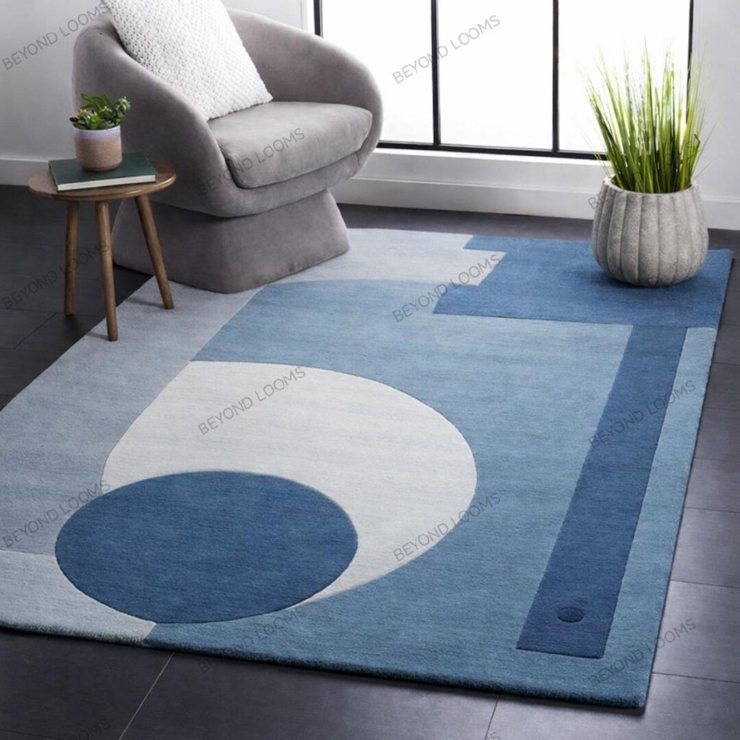 Hand Tufted Blue Abstract Area Rug Modern Geometric Carpet for Living ...
