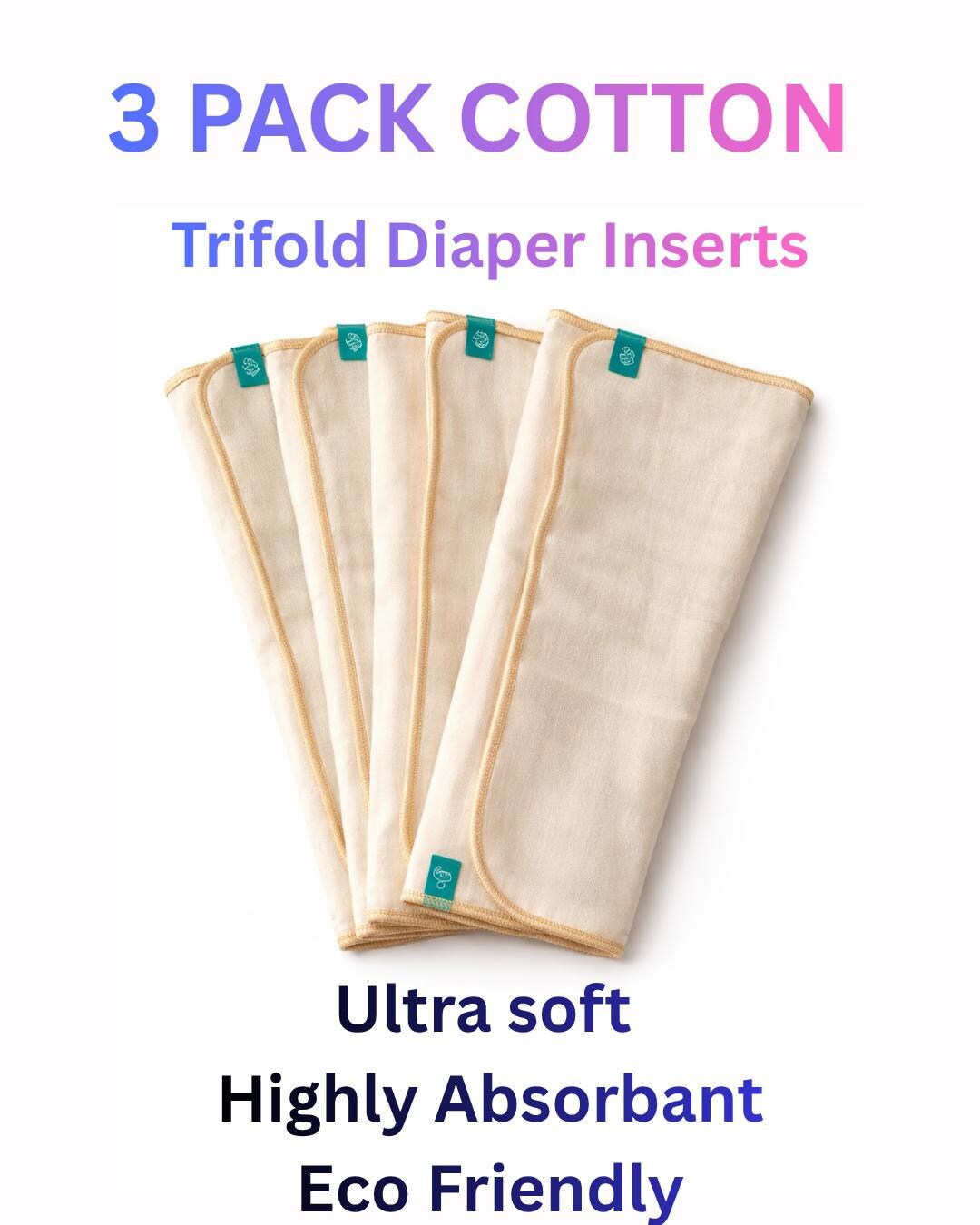 3 Pack Cotton Trifold Diaper Inserts | Soft, Absorbent, Reusable Pocket ...