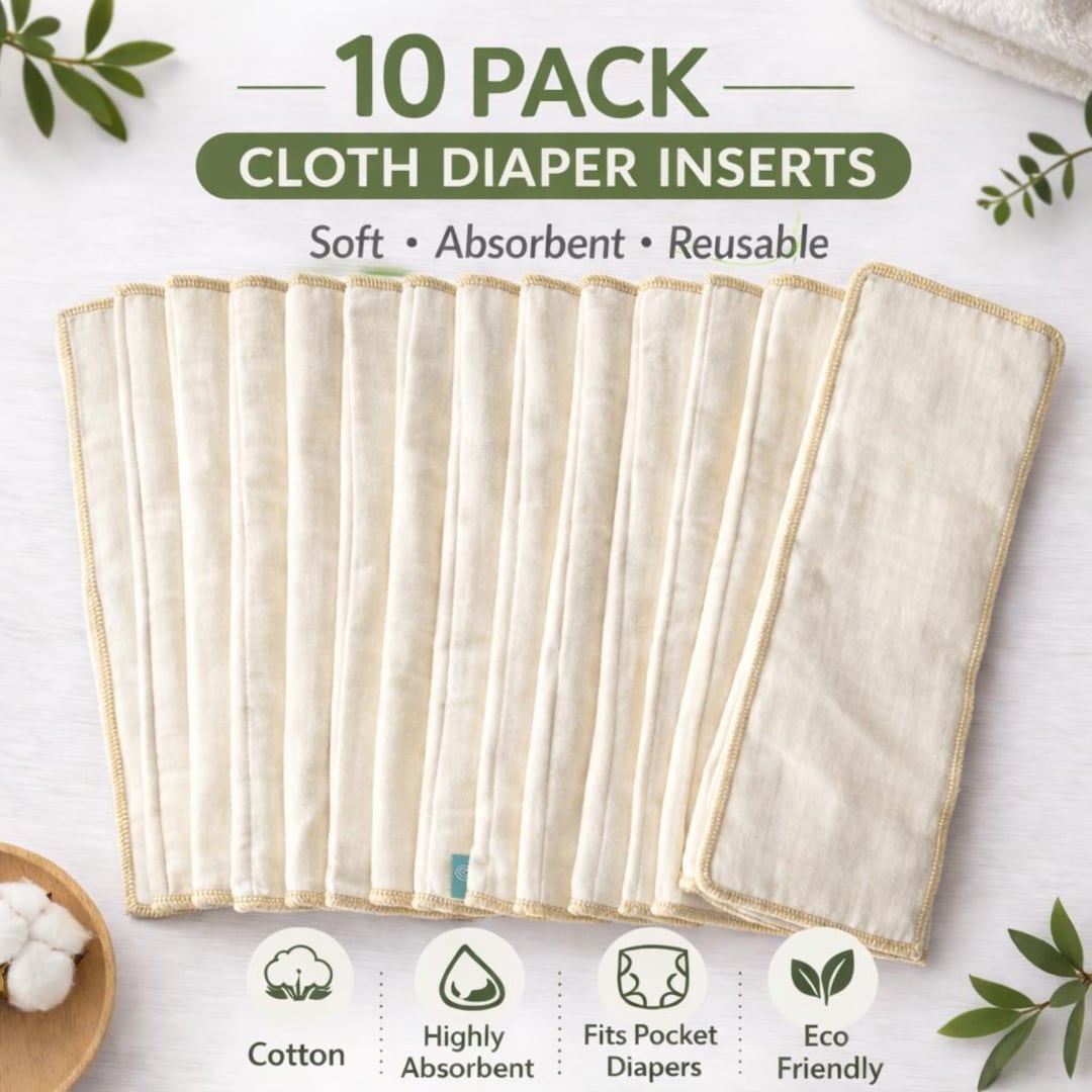 10 Pack Cotton Trifold Diaper Inserts | Soft, Absorbent, Reusable ...