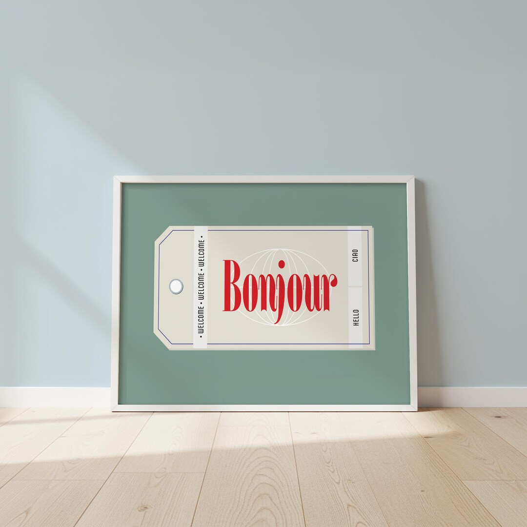 Bonjour French Quote Print: Retro Luggage Tag Poster (digital Download ...
