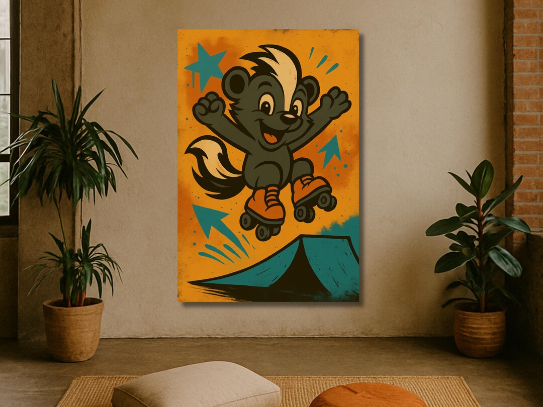 Roller Skating Skunk Poster – Happy Skunko Retro Street Art Wall Print ...