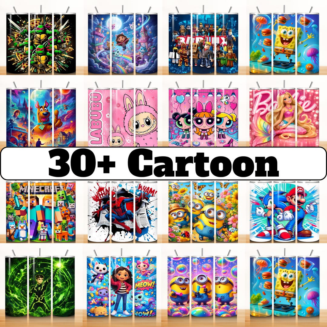 30+ Cartoon Character Tumbler Wrap Bundle, 20oz Skinny Tumbler PNG ...