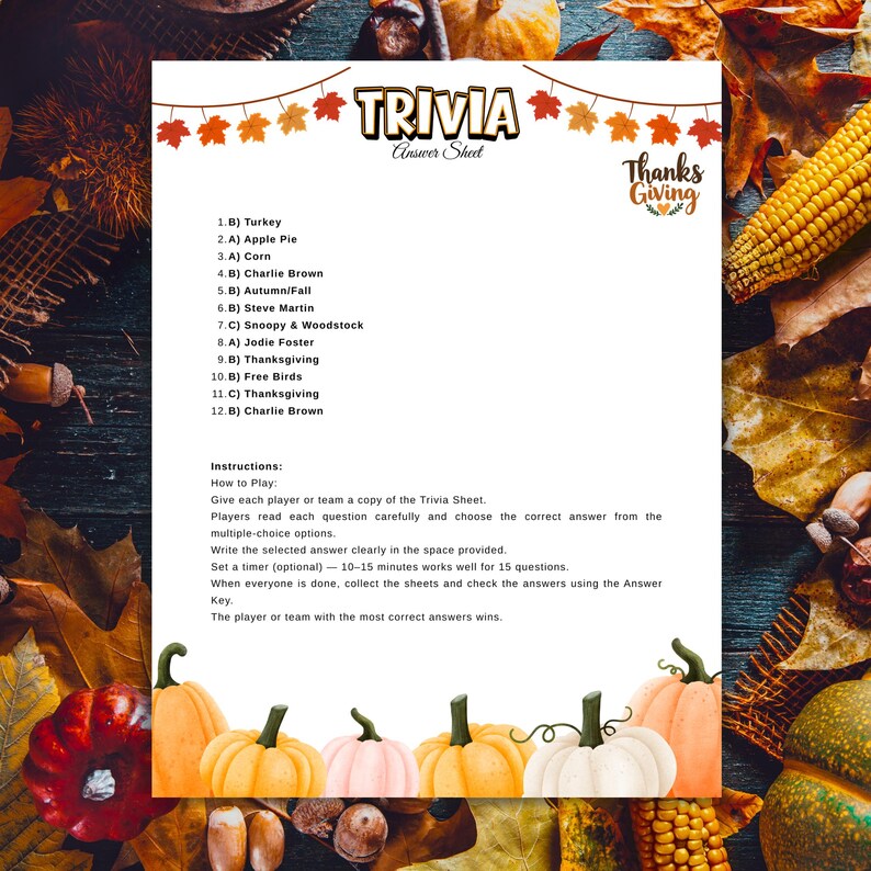 Thanksgiving Trivia Game | Printable Party Activity (digital Download ...