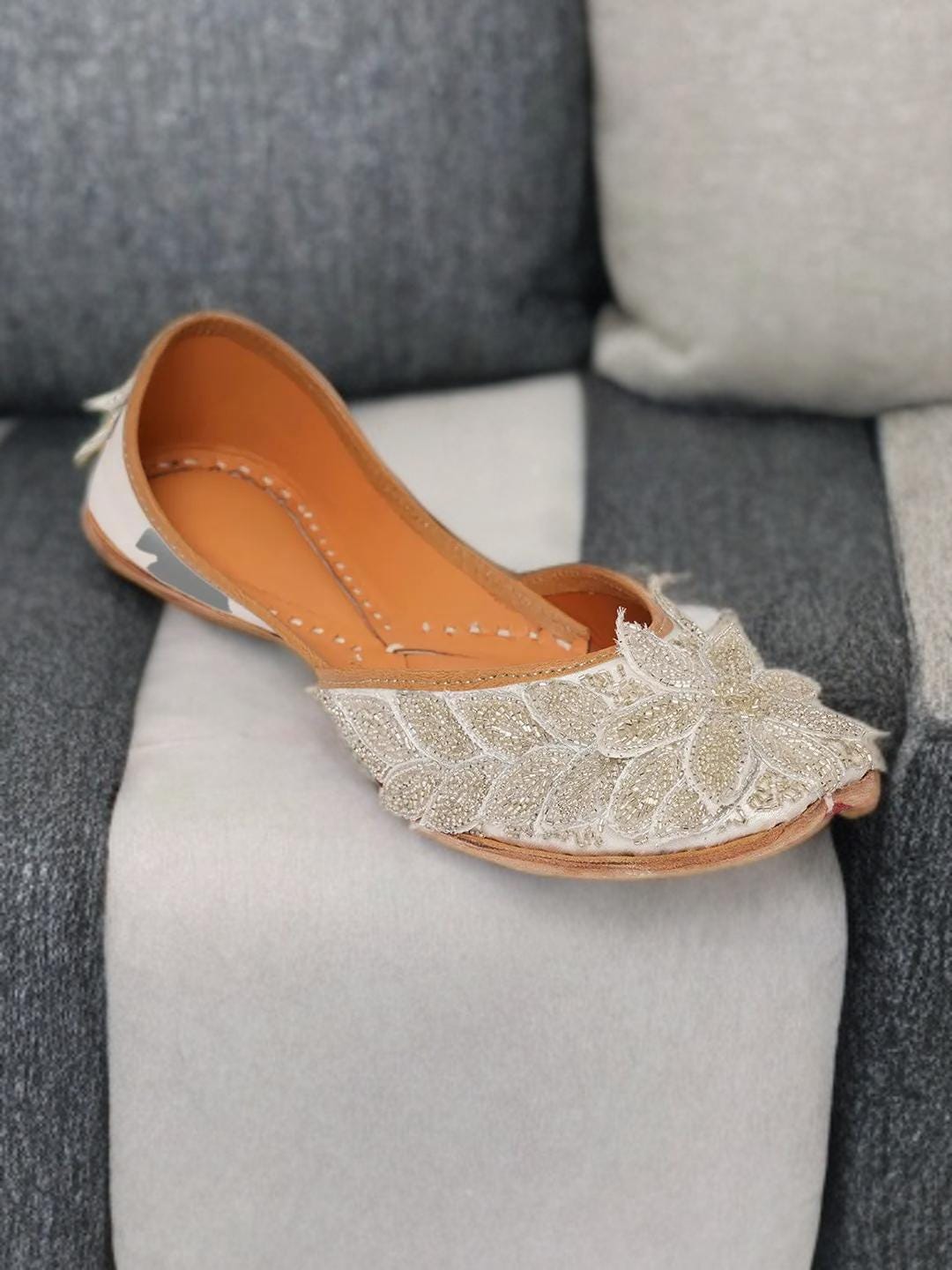 Silver Embroidered Fabric Mojari Flats Cushioned Slip on Women - Etsy