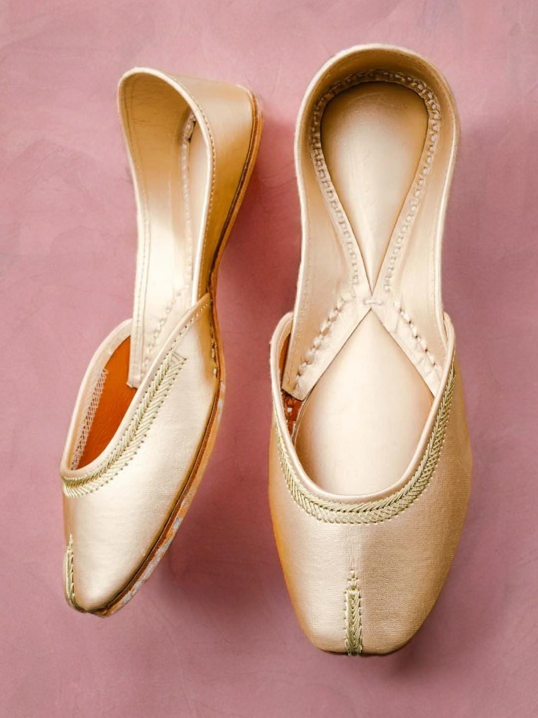 Gold-toned Leather Embellished Mojari Jutti Wedding Flats Comfortable ...
