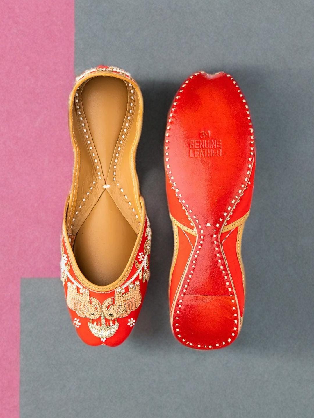 Red Leather Embroidered Mojari Jutti Wedding Bridal Flats Comfortable ...