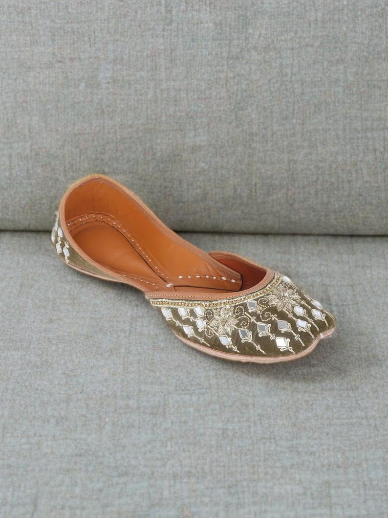 Olive Green Mojari Flats | Mirror Work, Square Toe Punjabi Juttis - Etsy