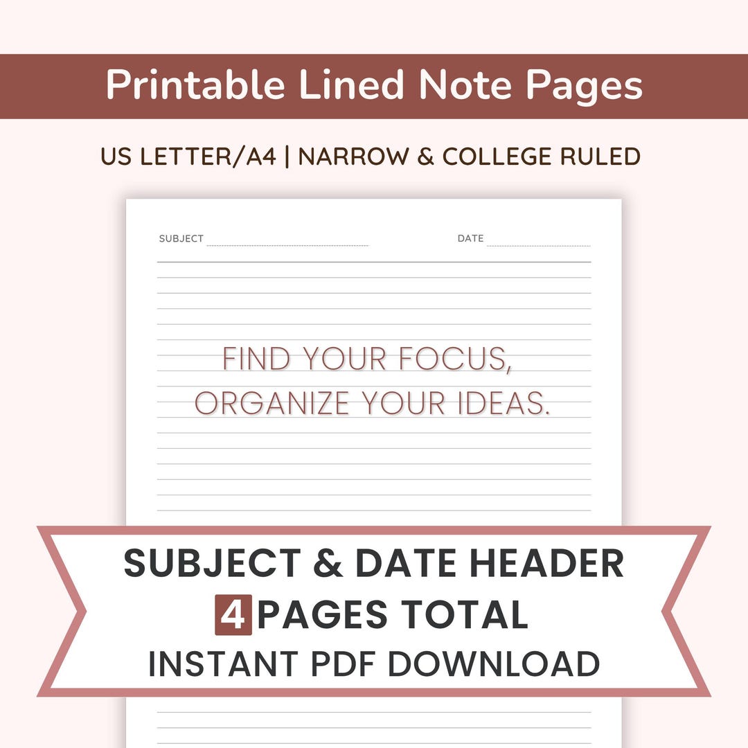 Printable Lined Note Paper | Subject & Date Headers (PDF Download) | US ...