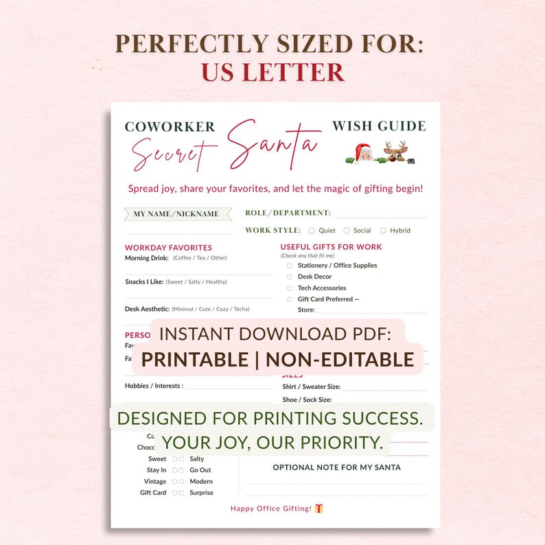 Coworker Secret Santa Questionnaire for Office (printable PDF, US ...