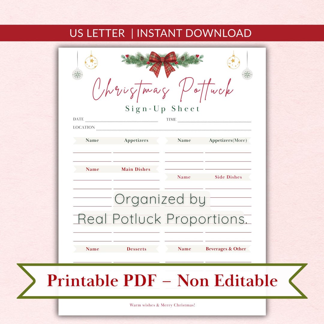 Christmas Potluck Sign-up Sheet, Farmhouse Style (printable PDF), US ...
