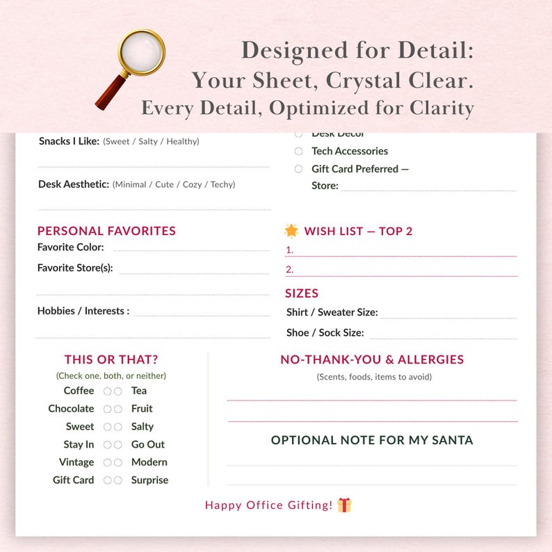 Coworker Secret Santa Questionnaire for Office (printable PDF, US ...
