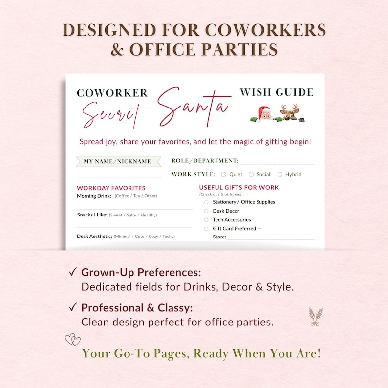 Coworker Secret Santa Questionnaire for Office (printable PDF, US ...