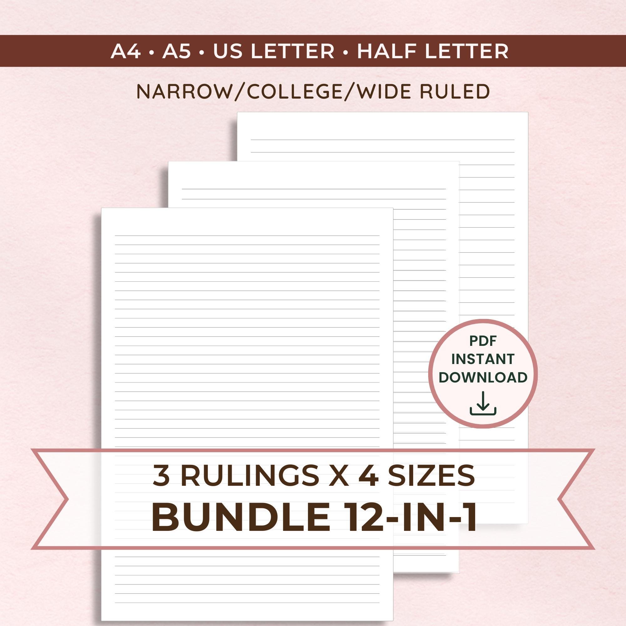 Printable Lined Paper College Wide & Narrow Ruled BUNDLE of 3 Rulings ...