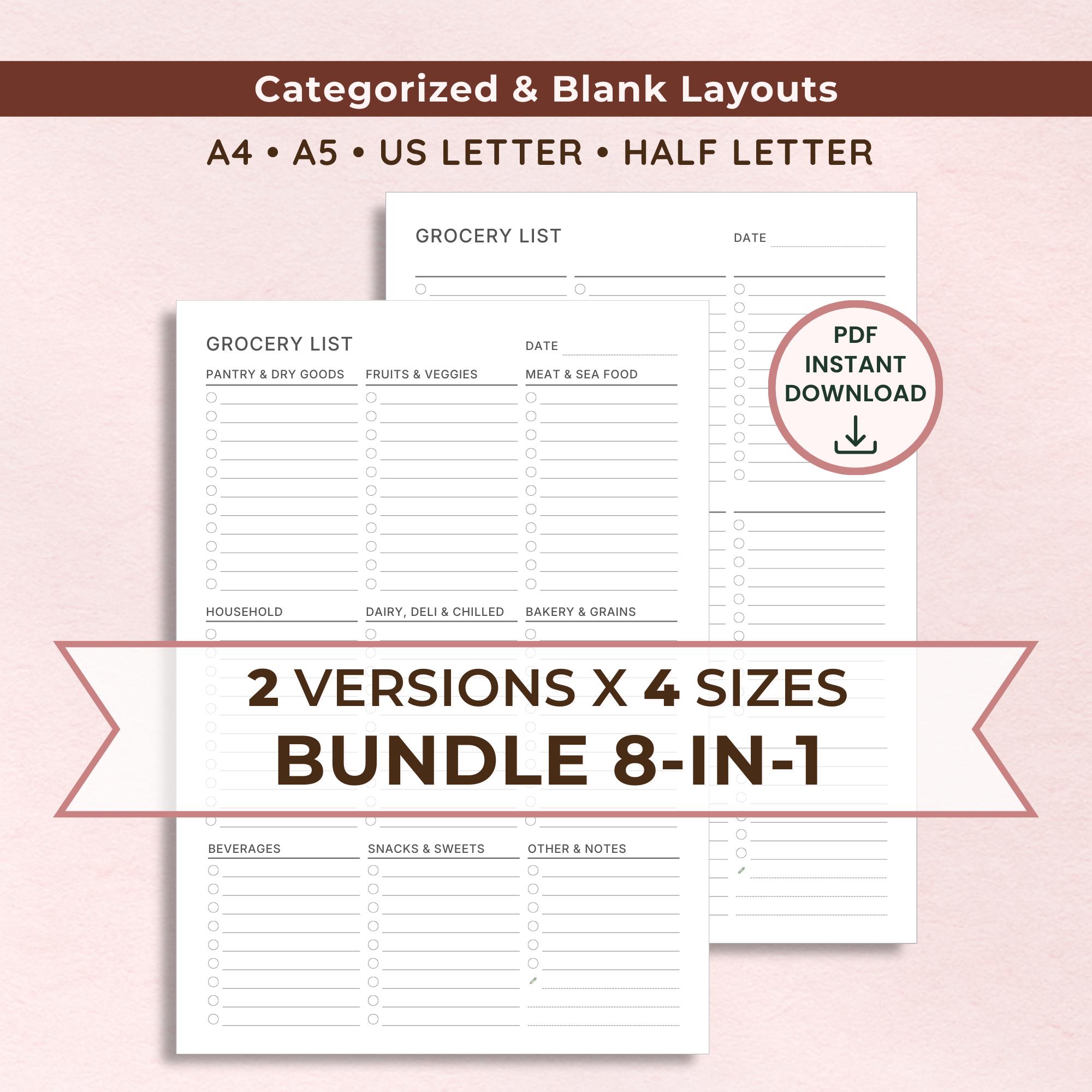 Minimalist Grocery List Bundle • Categorized Shopping Checklist W ...