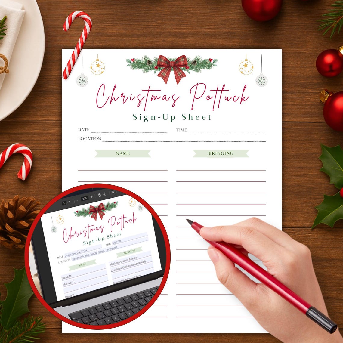 Christmas Potluck Sign up Sheet Editable (fillable -printable PDF) | A4 ...