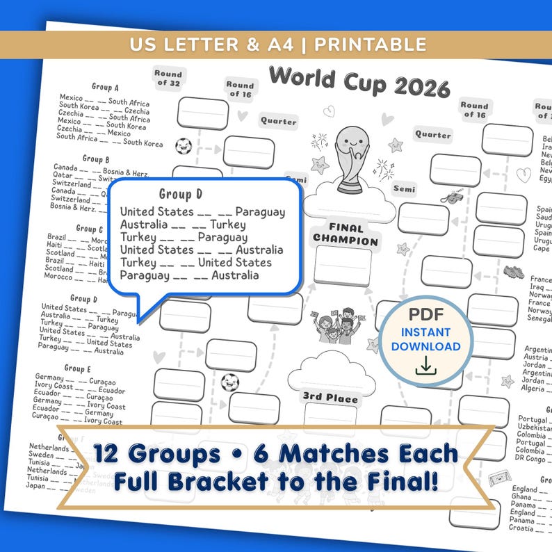 World Cup 2026 Bracket Tracker, Kids Group Stage Match (printable PDF ...