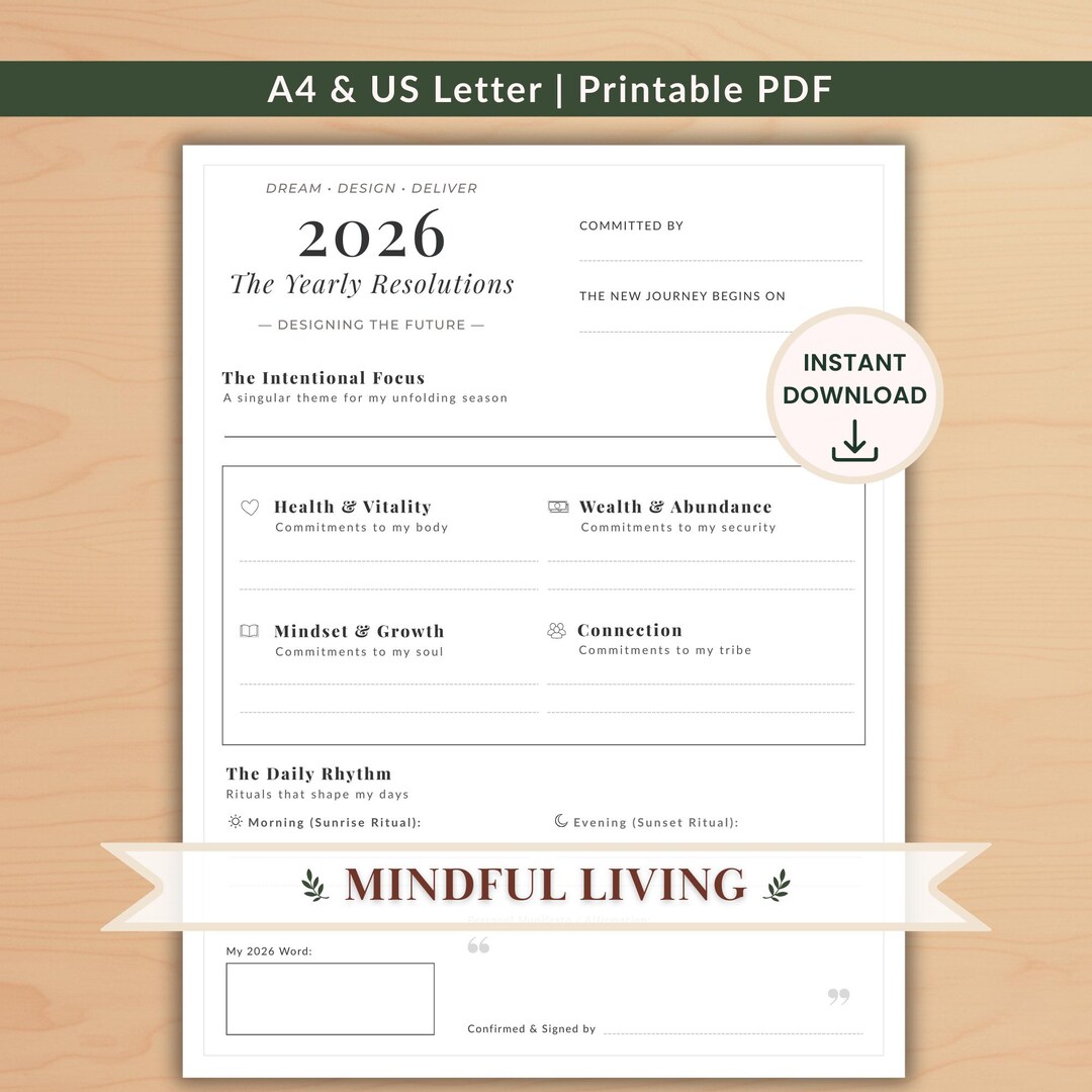 New Year Resolutions 2026 Printable PDF (mindful — Minimalist) | New ...