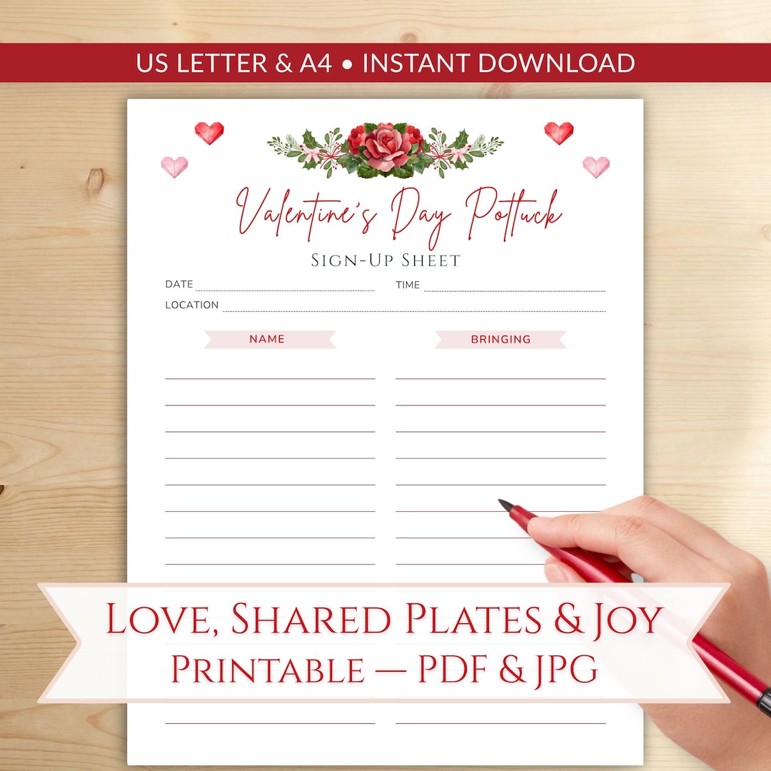 Valentine's Day Potluck Sign-up Sheet | Watercolor Hearts/roses ...