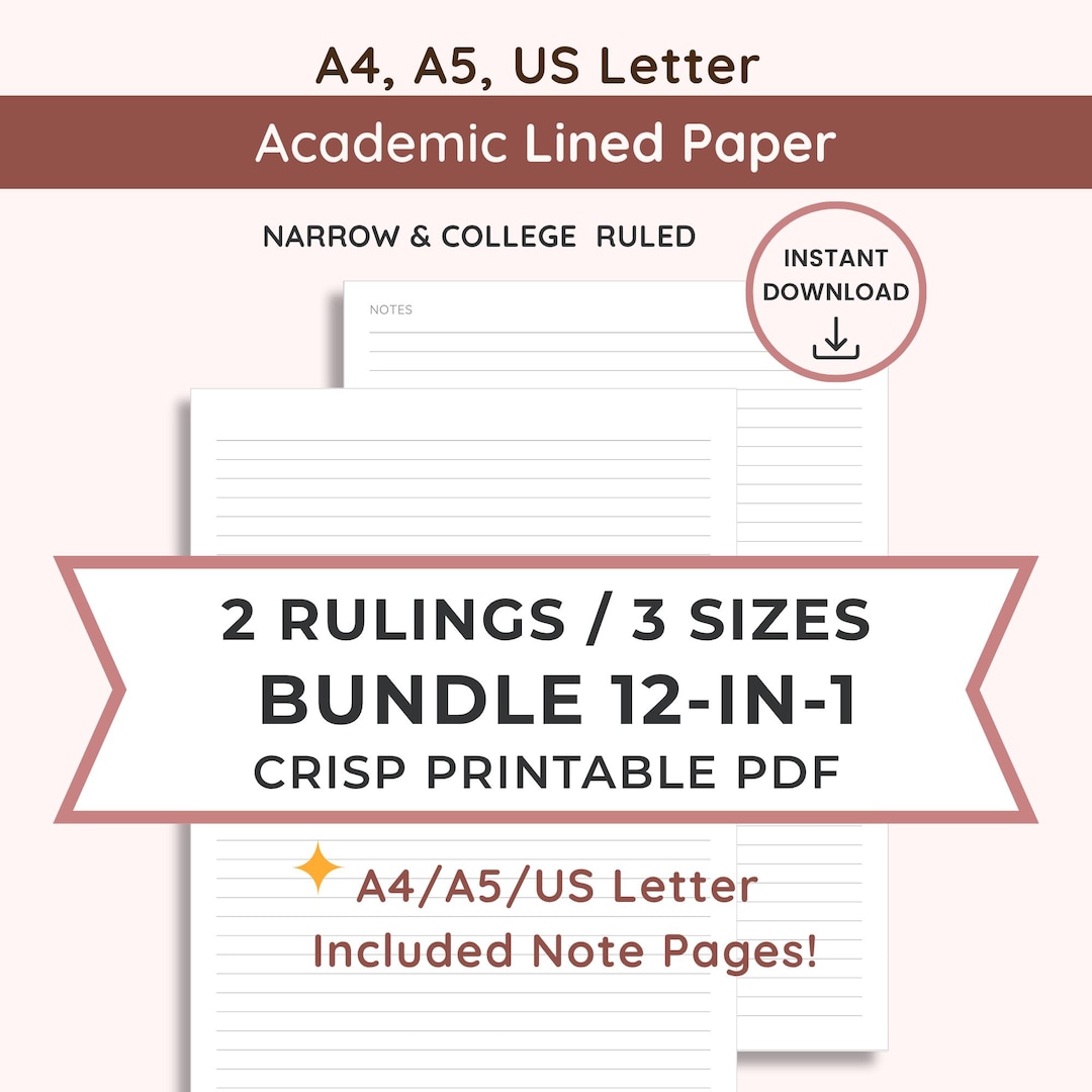 Printable Lined Paper Bundle of 3 Sizes: Narrow & College Ruled ...