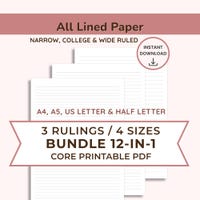 Printable Lined Paper PDF. Letter Size. Wide Ruled, College Ruled, 5mm ...