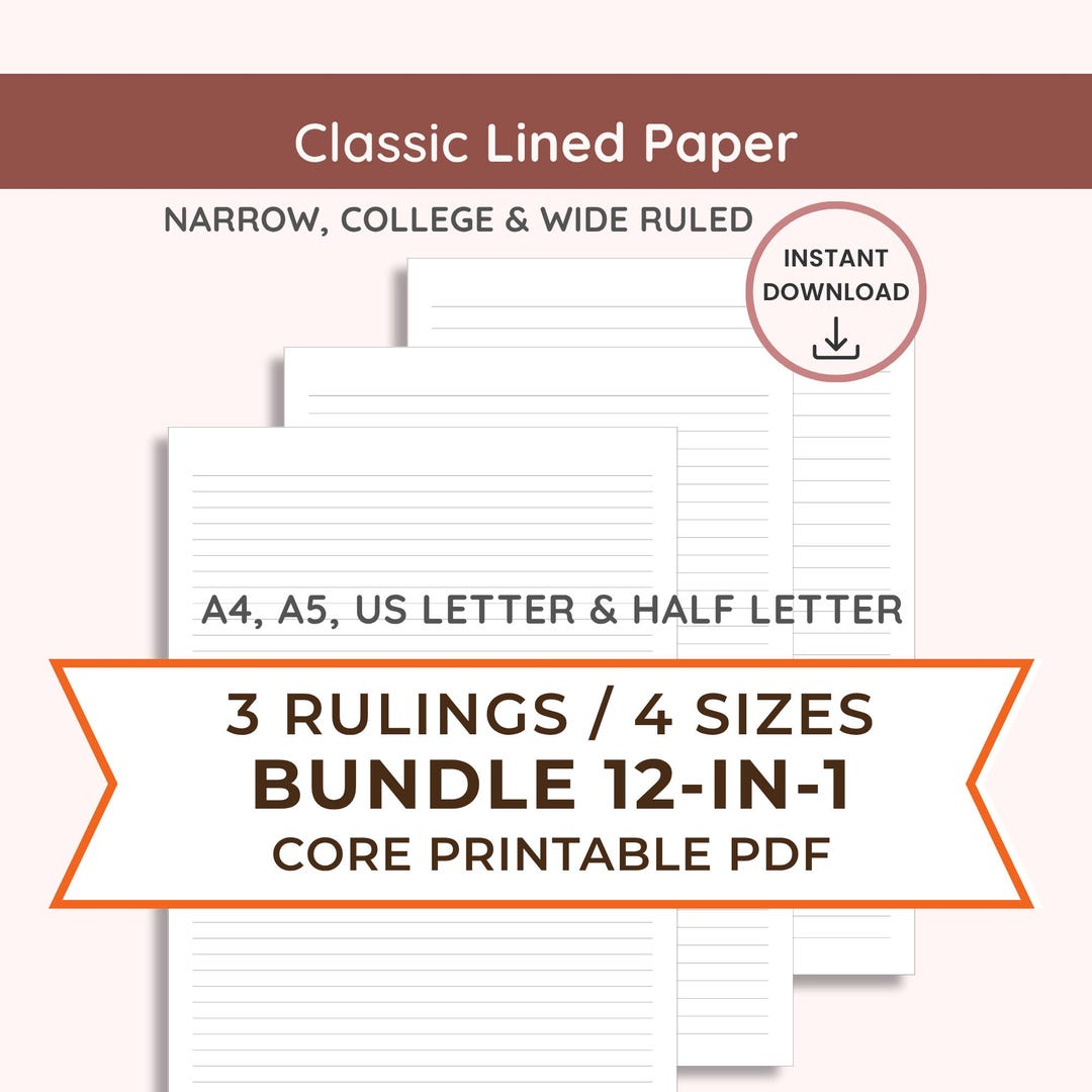 Printable Lined Paper BUNDLE of 3 Rulings: A4/a5/letter/half (instant ...