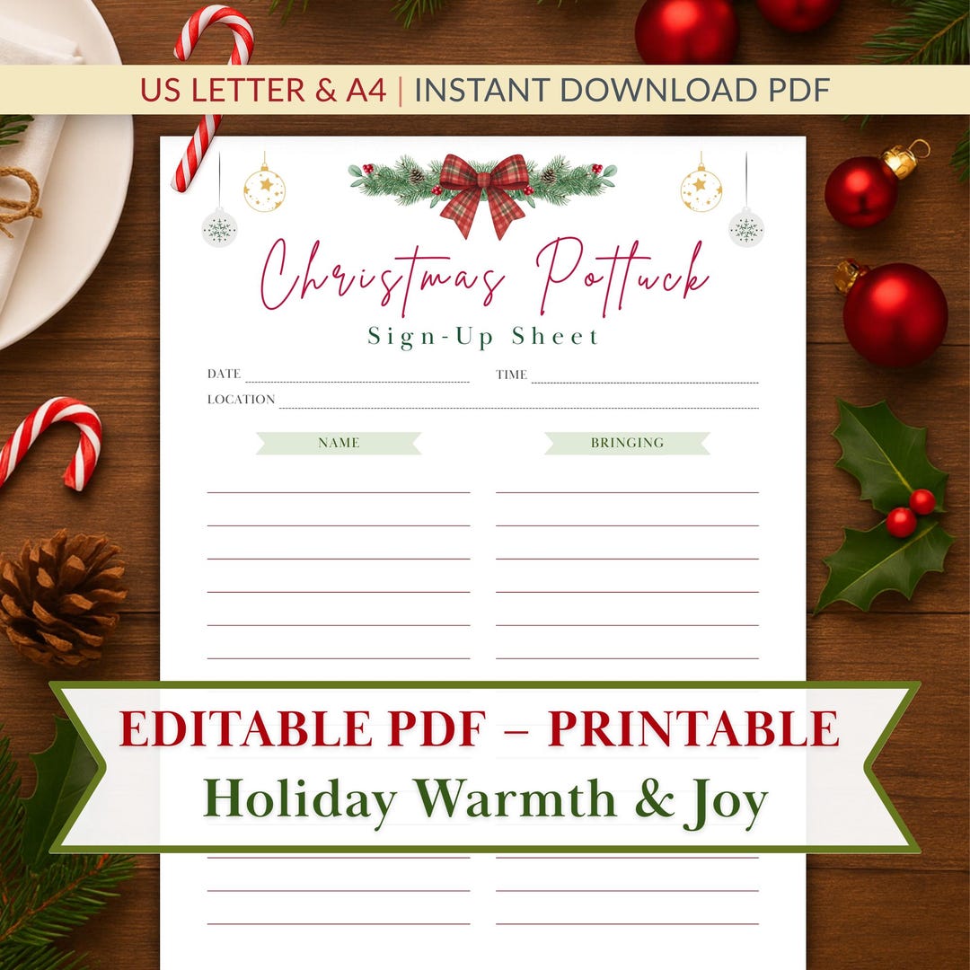 Christmas Potluck Sign up Sheet Editable (fillable -printable PDF) | A4 ...