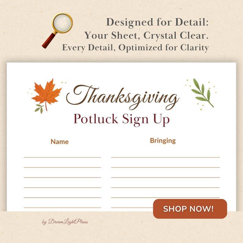 Thanksgiving Potluck Sign up Sheet | Minimalist Dinner List (printable ...