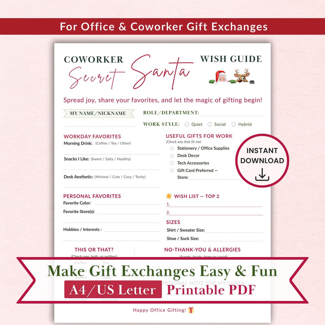 Printable Secret Santa Questionnaire for Coworker (A4/US Letter), Work ...