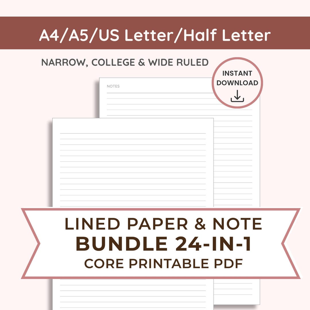 Printable Lined Paper Bundle of 3 Rulings: A4/A5/US Letter/half Letter ...