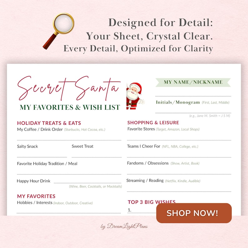 Secret Santa Questionnaire for Coworkers, Work Gift Exchange, Christmas ...