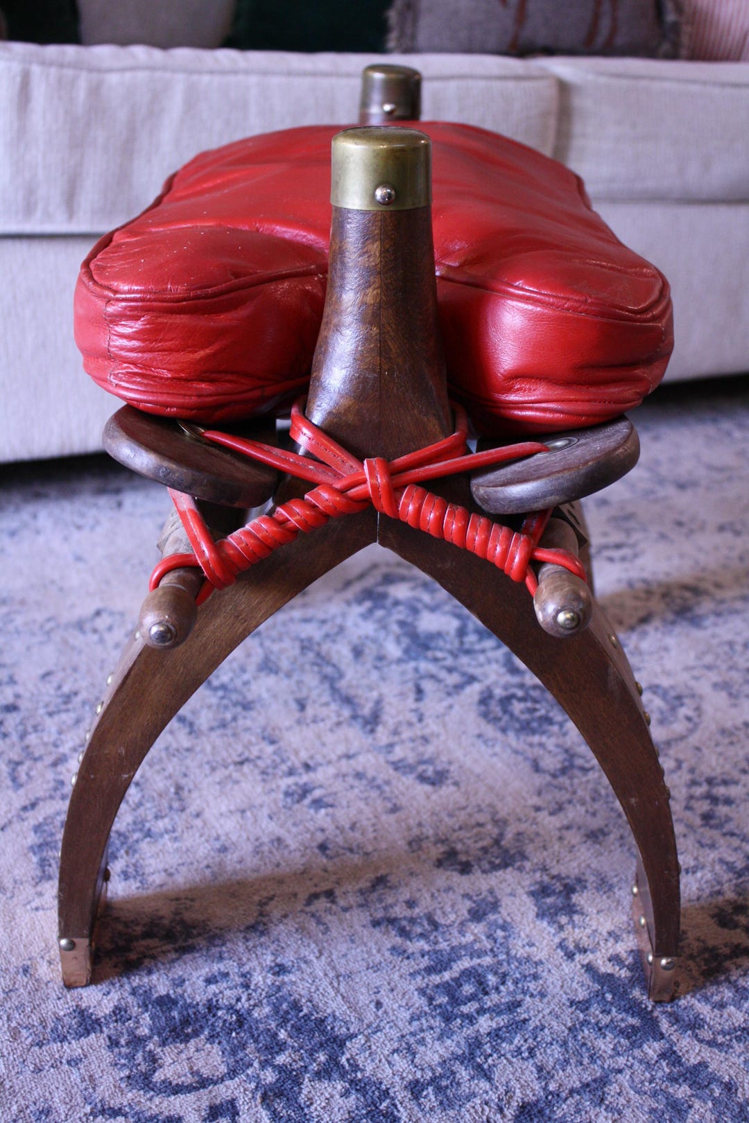 Vintage Middle Eastern Camel Saddle Stool Red Leather And Brass Accents