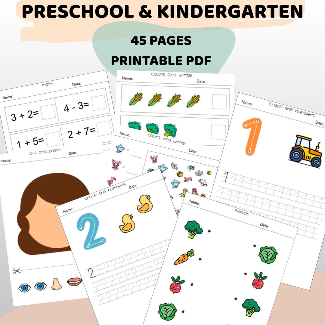 Preschool & Kindergarten Worksheets Bundle, 45 Pages Printable ...