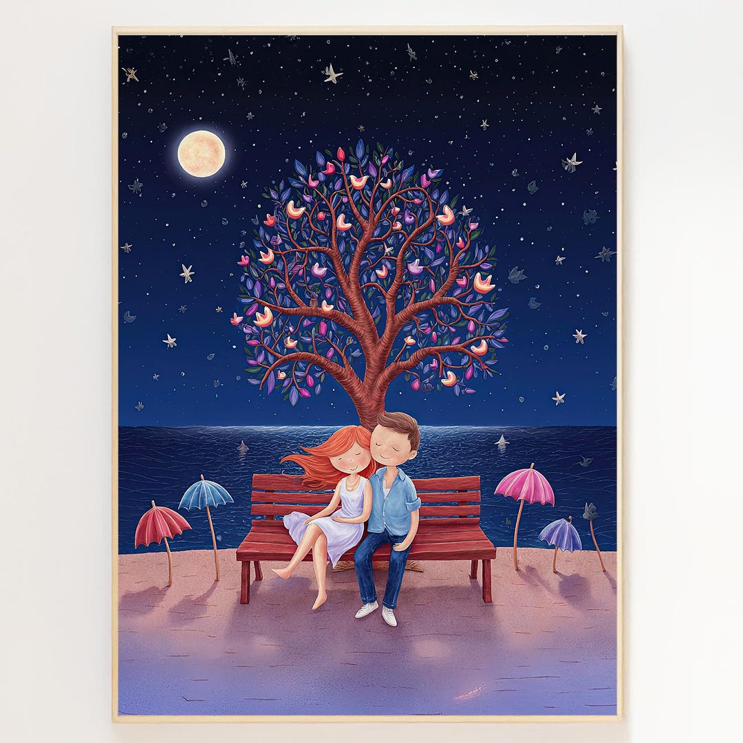 Romantic Night – Whimsical Couple Digital Wall Art, Dreamy Love ...