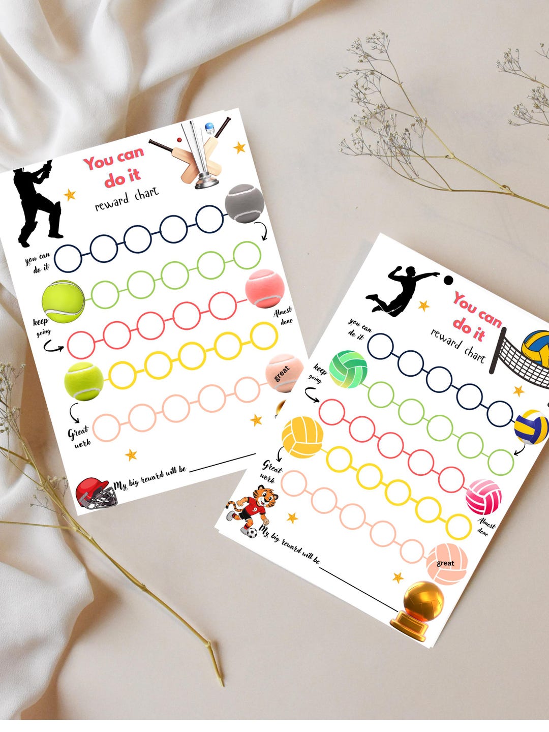 Sports Reward Chart Bundle, Cricket & Volleyball, Kids Chore Tracker ...