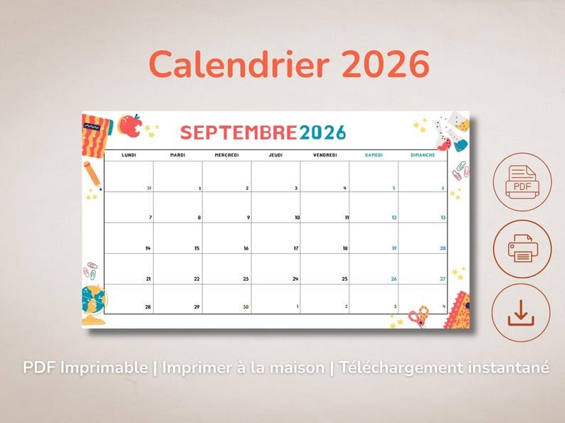 French Calendar 2026, Monthly Calendar, PDF Instant Download, French ...