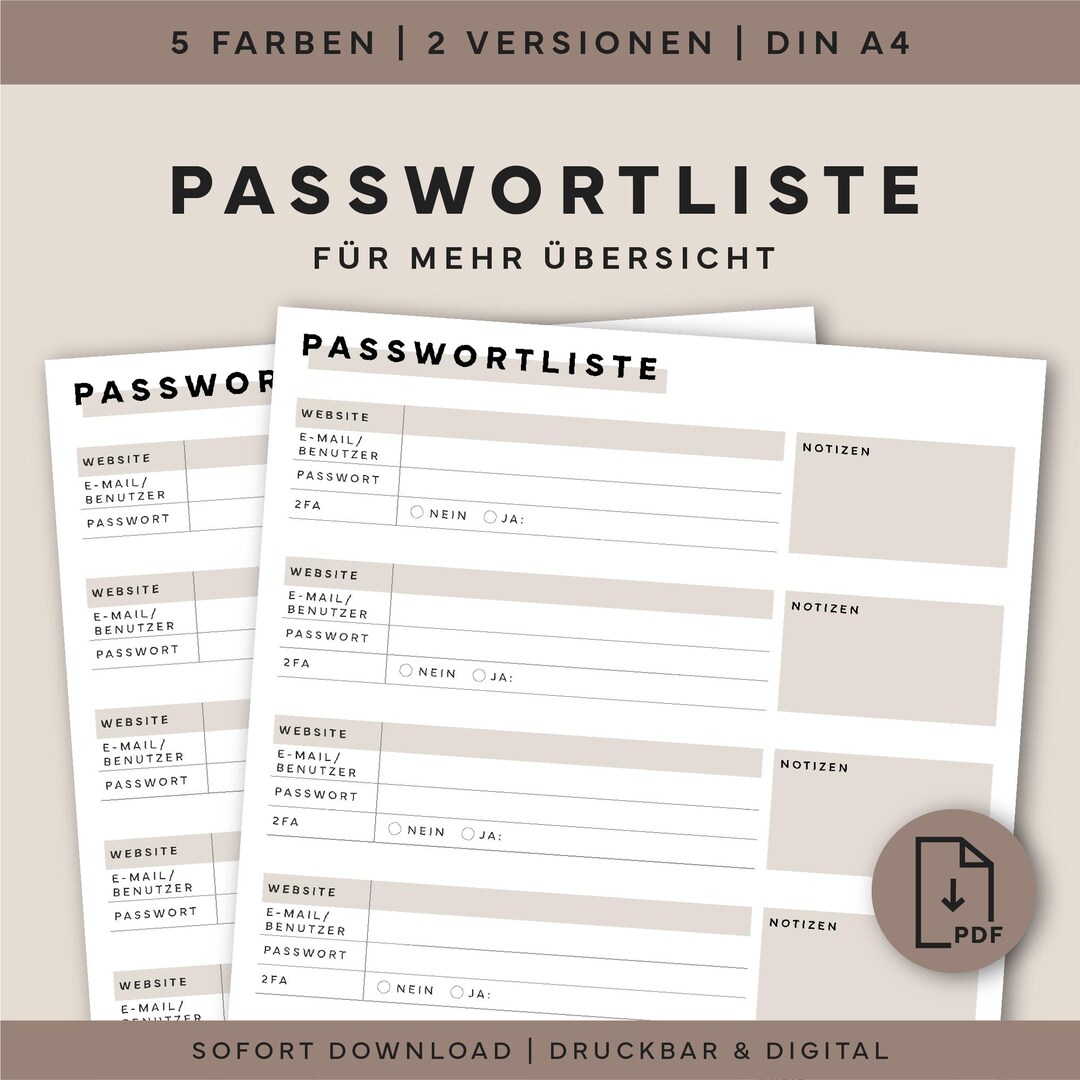 Printable Password List – Password Overview & Login Data Template ...