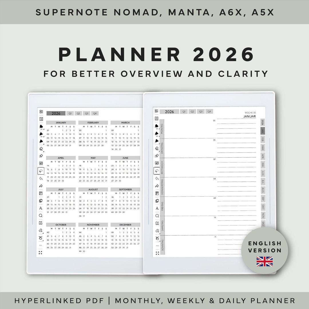 Digital Planner 2026 for Supernote (manta, Nomad, A5X, A6X) – PDF ...