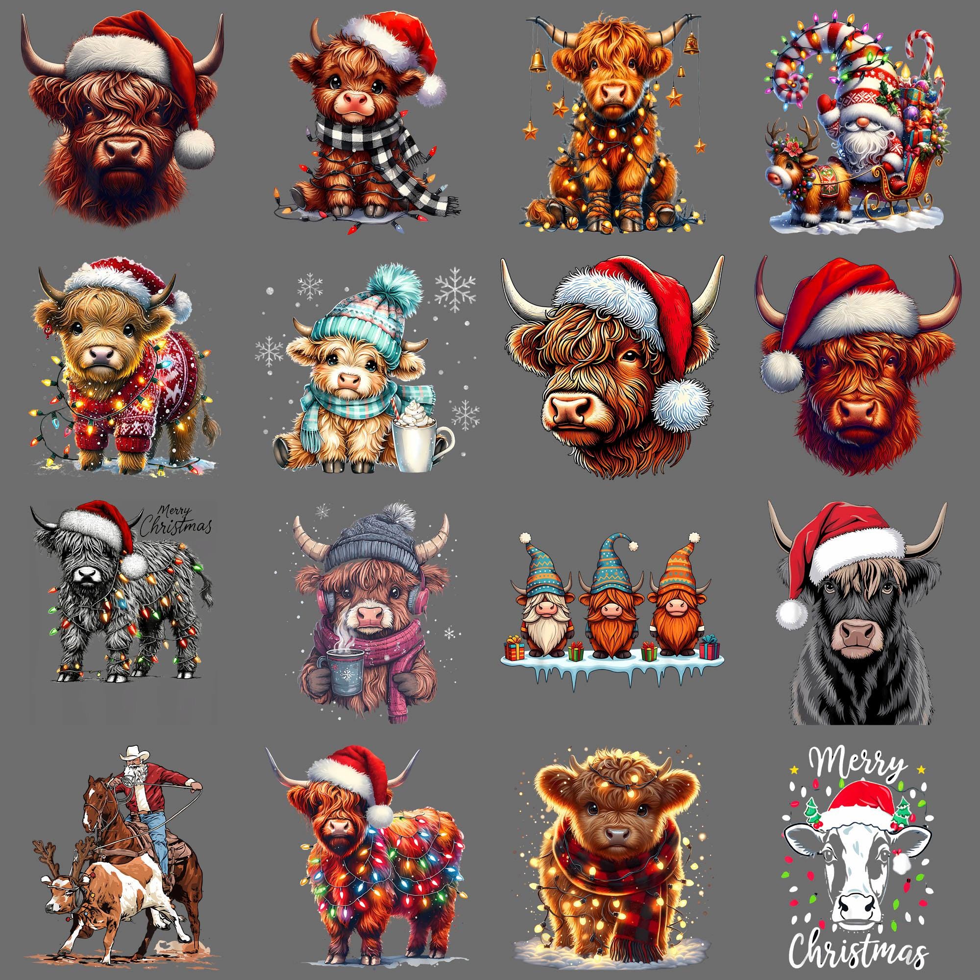 Cute Highland Cow Christmas PNG – Funny Lights Tree Stars Decor Bells ...