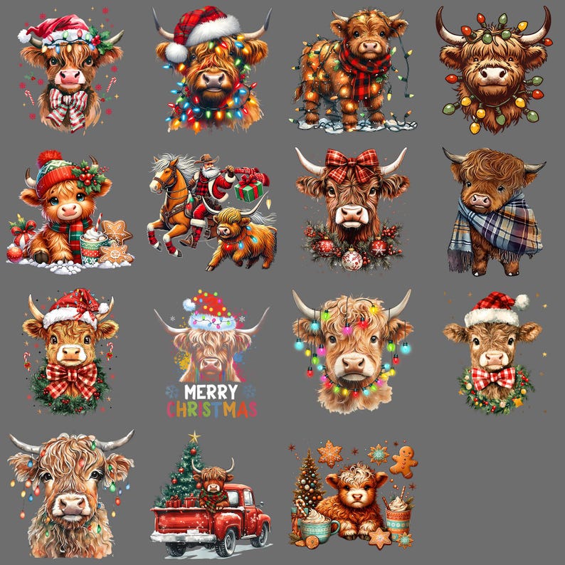 Cute Highland Cow Christmas PNG – Funny Lights Tree Stars Decor Bells ...