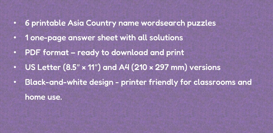 Asia Countries Wordsearch Pack (A4 + US Letter PDF) – 6 Printable ...