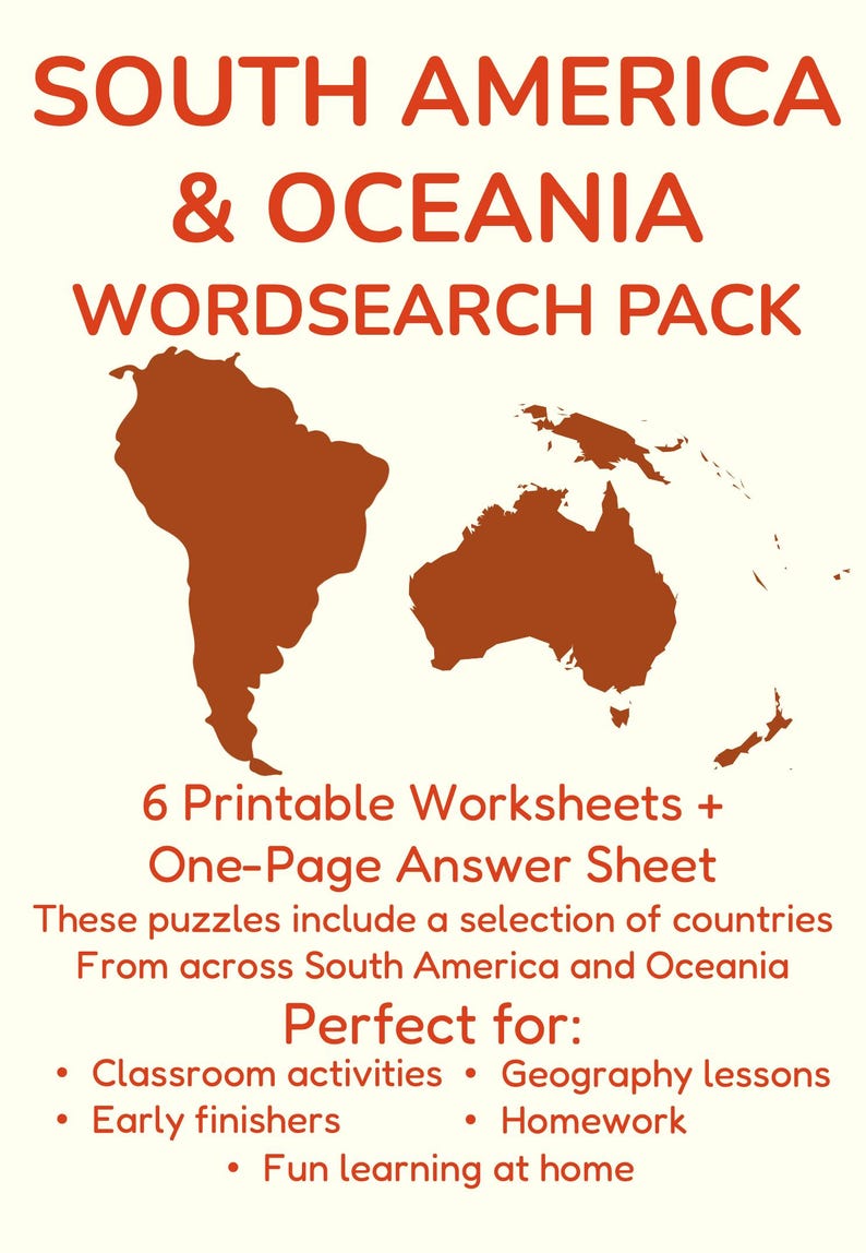South America & Oceania Countries Wordsearch – 6 Printable Geography ...