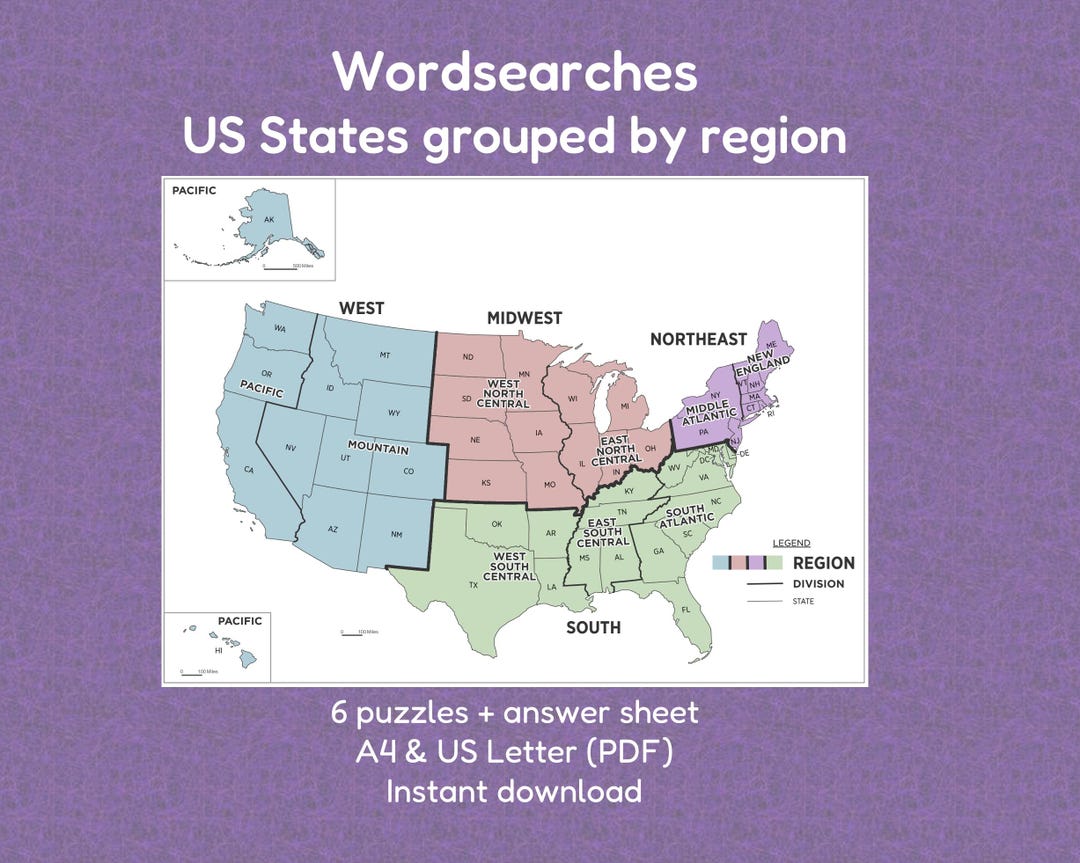 US States Word Search Pack (6 Puzzles) | 50 States by Region ...