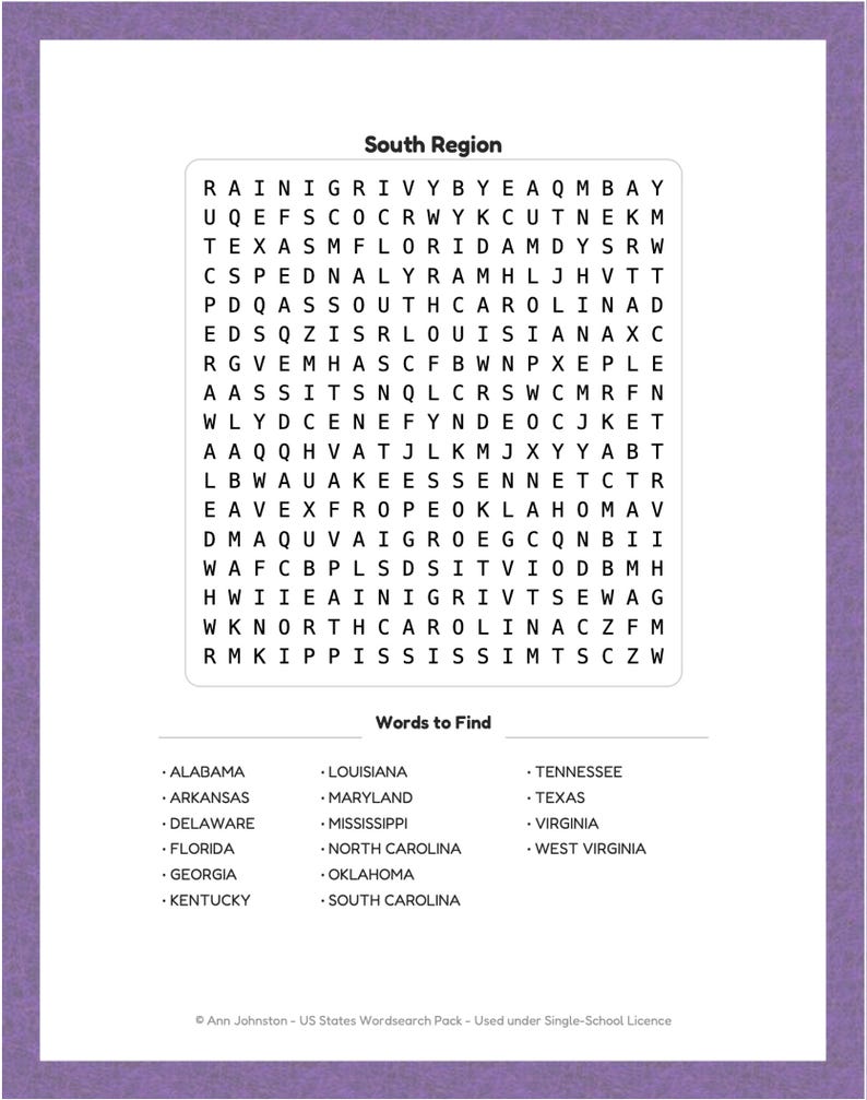 US States Word Search Pack (6 Puzzles) | 50 States by Region ...