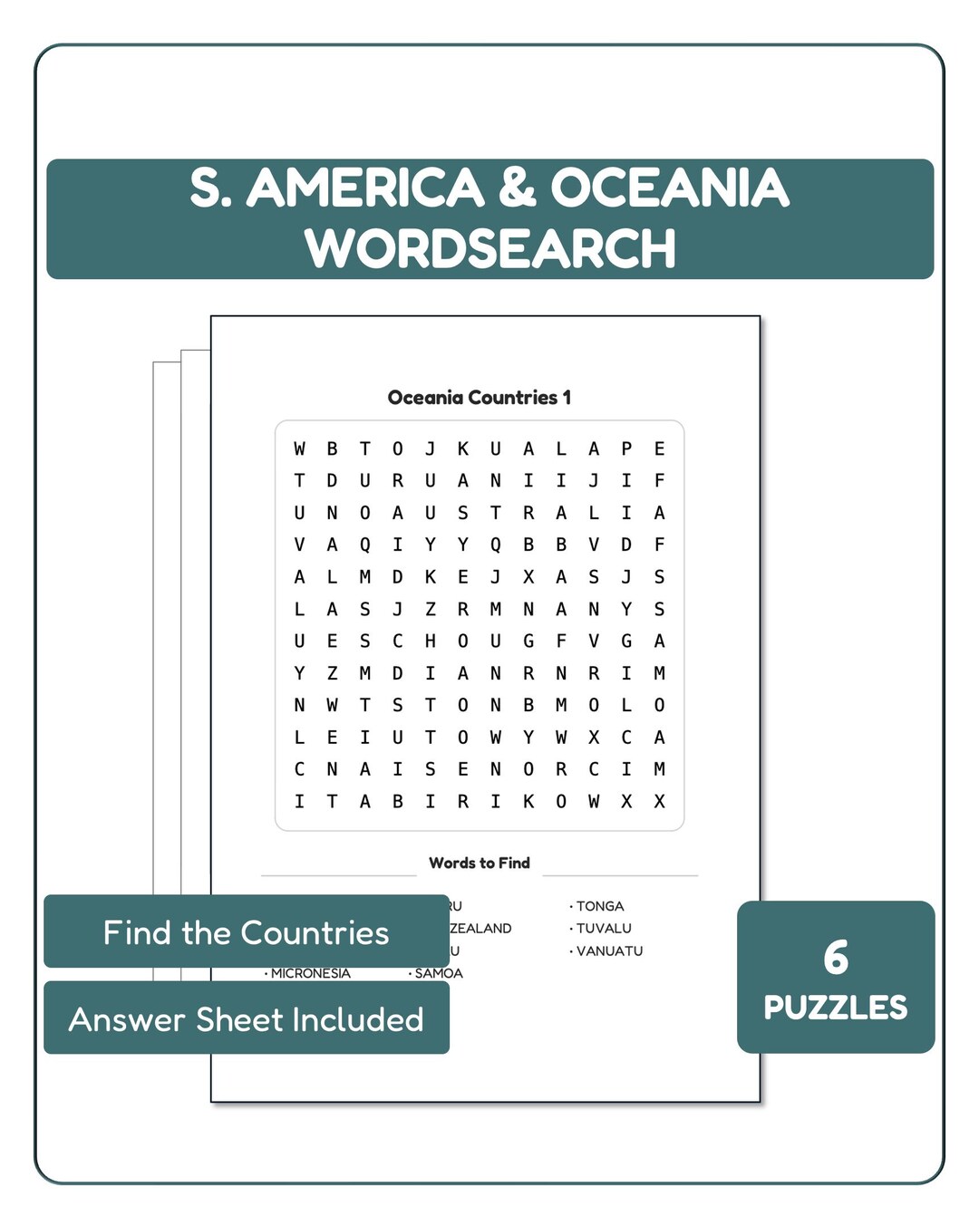 South America & Oceania Countries Word Search Pack, Geography Puzzles ...