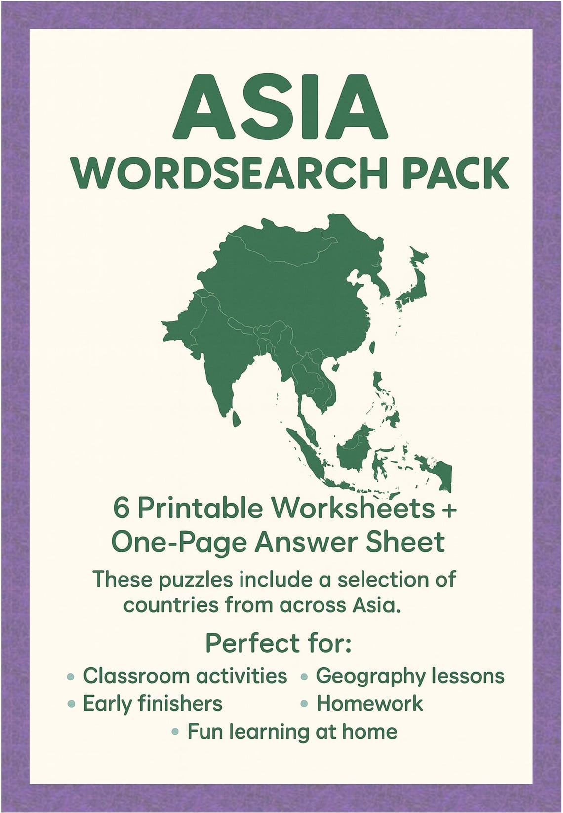 Asia Countries Wordsearch Pack (A4 + US Letter PDF) – 6 Printable ...