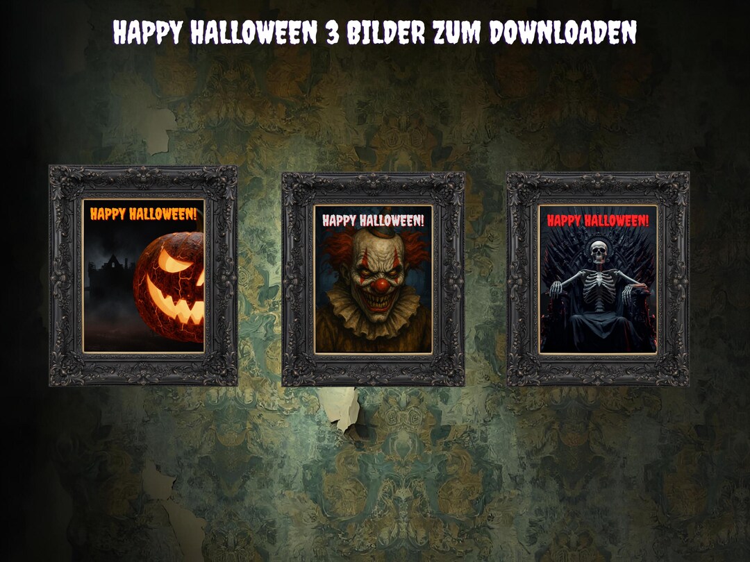 Halloween Set of 3 Pictures, Pumpkin, Clown and Skeleton, Scary Wall ...