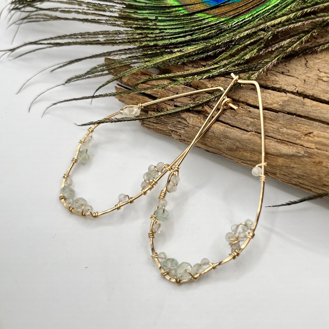 LISA Long Aquamarine Geode Wing Shaped Hoops - Gold Filled Wire Wrapped ...
