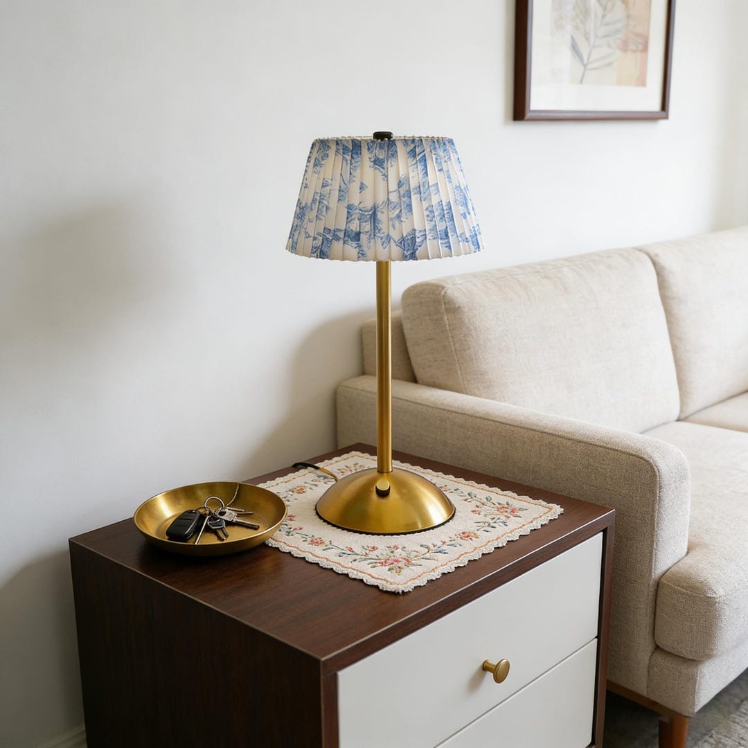 European Vintage Touch Table Lamp Pleated Shade Rechargeable Eye Care ...