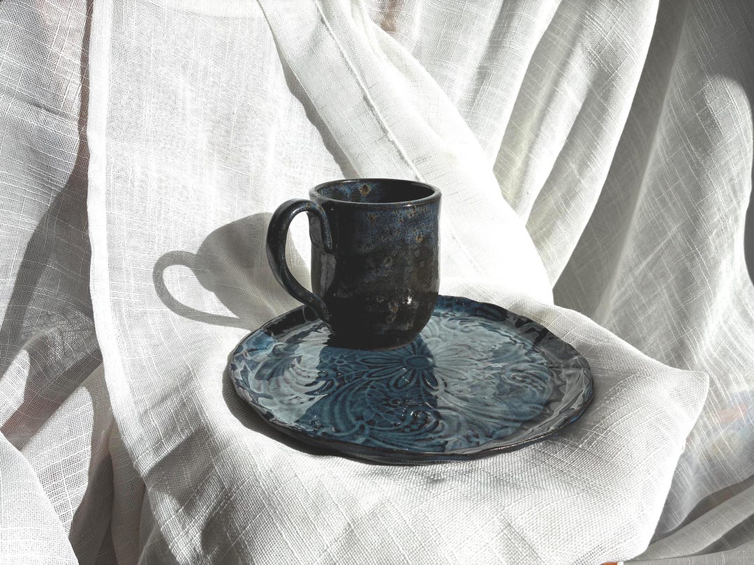 Blue Rutile Ceramic Serving Plate and Oversized Mug Set Handmade - Etsy