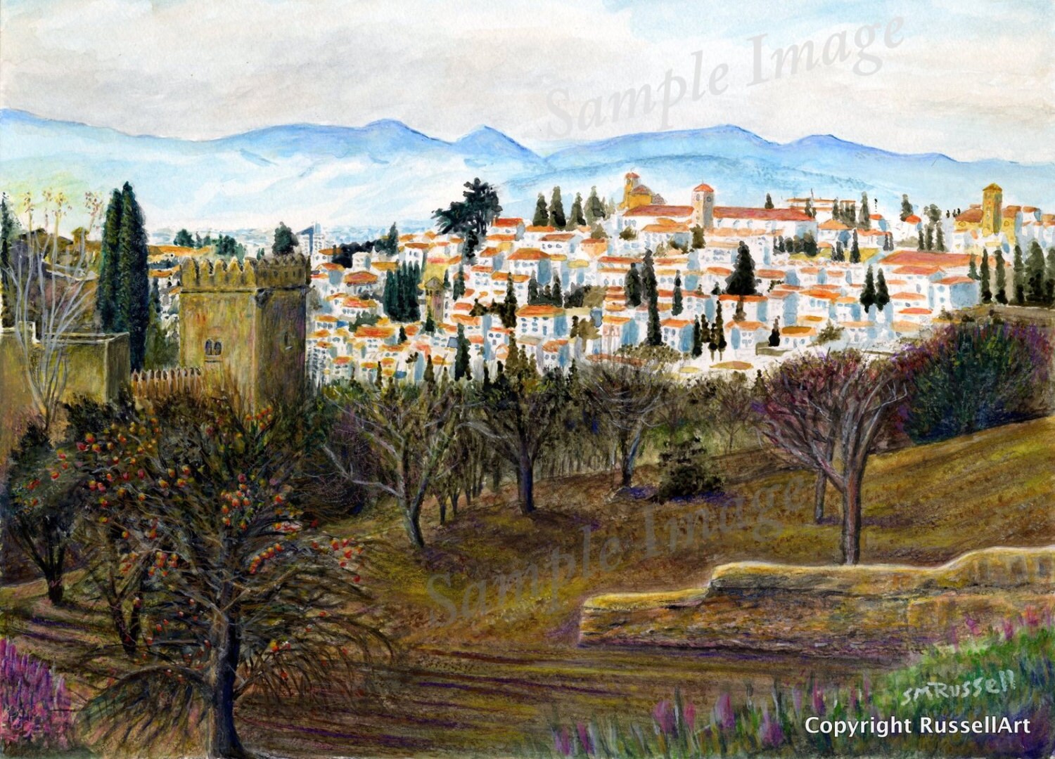 Granada View Art Print of an Original Watercolour Painting | Etsy